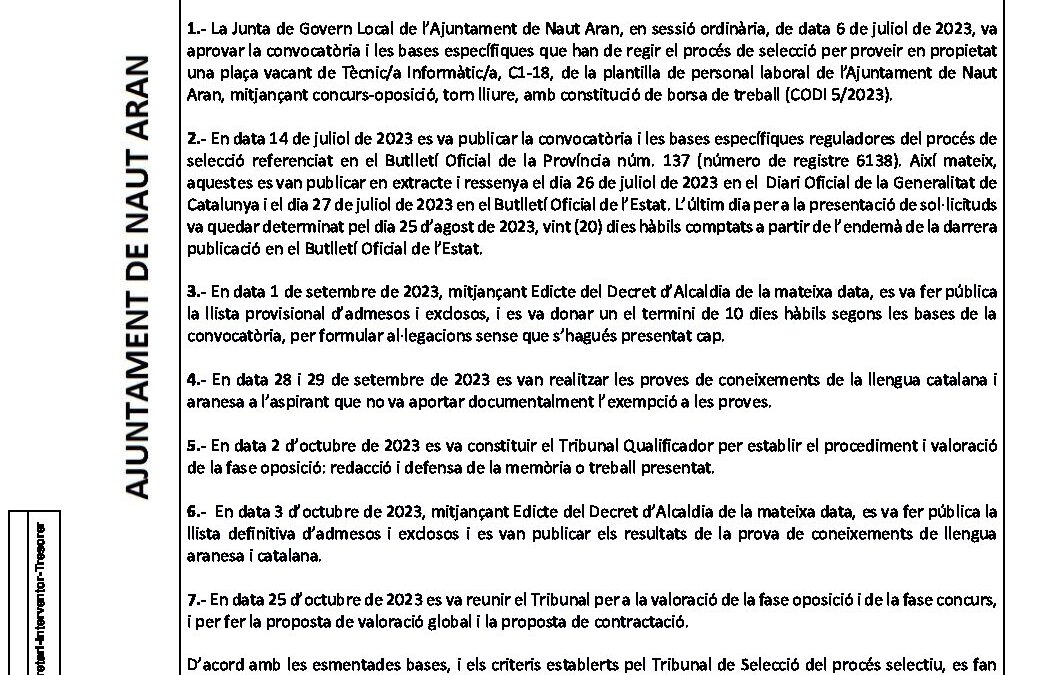 Valoracion dera fasa de oposicion, valoracion de mèrits, proposta de ...