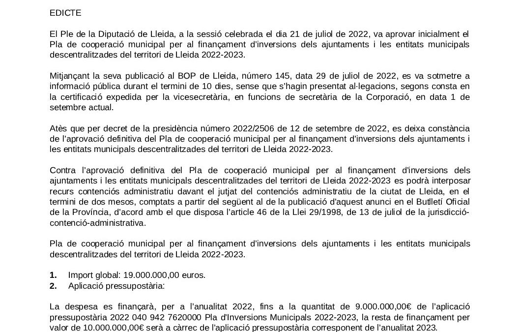 Edicto Plan Cooperación Municipal de Inversiones de los Ayuntamientos y ...